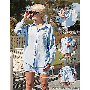Ekouaer Women Pajama Sets 2 Piece Summer Lounge Sets utton Down Shirts and Casual Shorts with Pockets,Light Blue Large