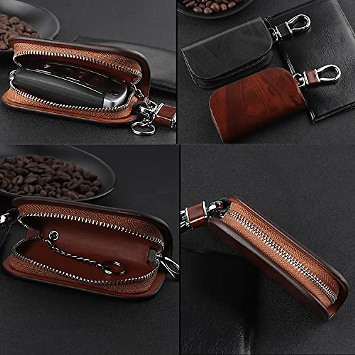 Payutou Leather Car Key Case Holder Leather Car Key Keychain Holder Metal Hook and Keyring Zipper Auto Car Key Chain (Brown)