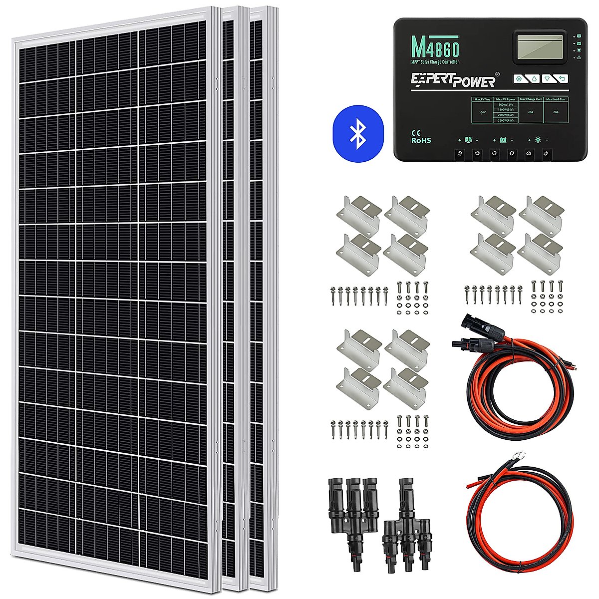 ExpertPower 630W 12V Solar Charging Kit: 210W*3 Mono Solar Panel + 60A Bluetooth MPPT Controller + Mounting Brackets + Connecting Cables for Off-Grid 12V DC Solar Power System