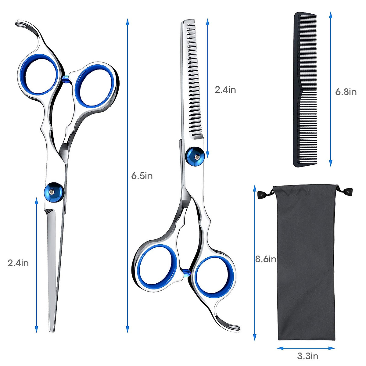Hair Cutting Scissors Shears Set, ekuci Professional Home Haircutting Scissors Thinning Shears Kit with Free Comb and Storage Bag for Men Women Home Salon Barber Cut Kit (Silver)