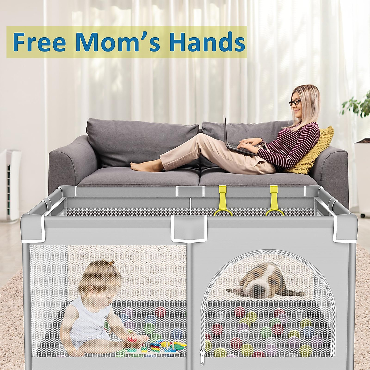 Small Playpen for Babies, Portable Playpen for Babies and Toddlers, 36x36in Safety Baby Gate Playpen Play Yard, Baby Fence Indoor Outdoor Playard Activity Center with 2 Pull Up Rings