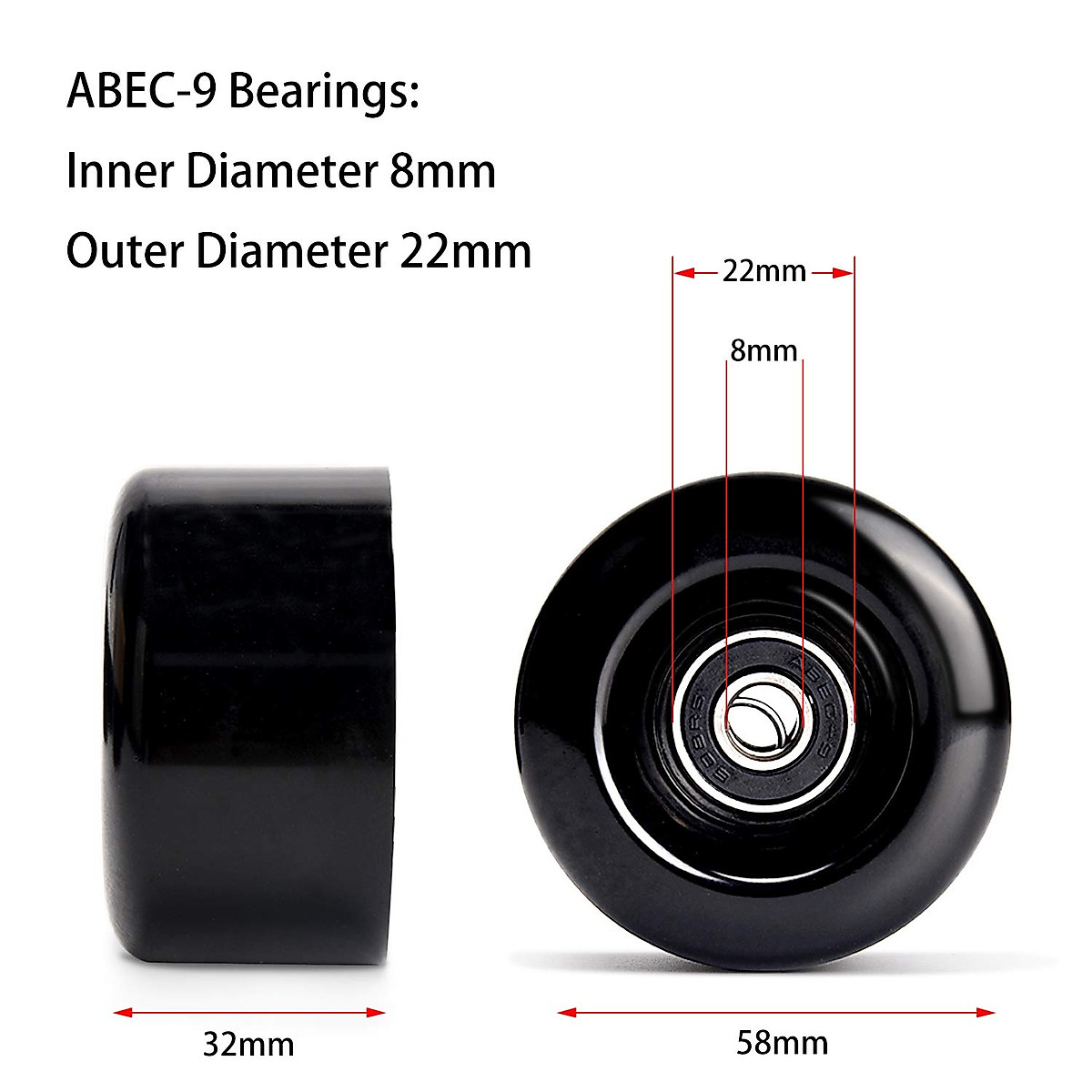 TOBWOLF 8 Pack 58mm x 32mm, 82A Outdoor Quad Roller Skating Wheels, PU Wear-Resistant Wheels Replacements Double-Row Roller Skates Accessories