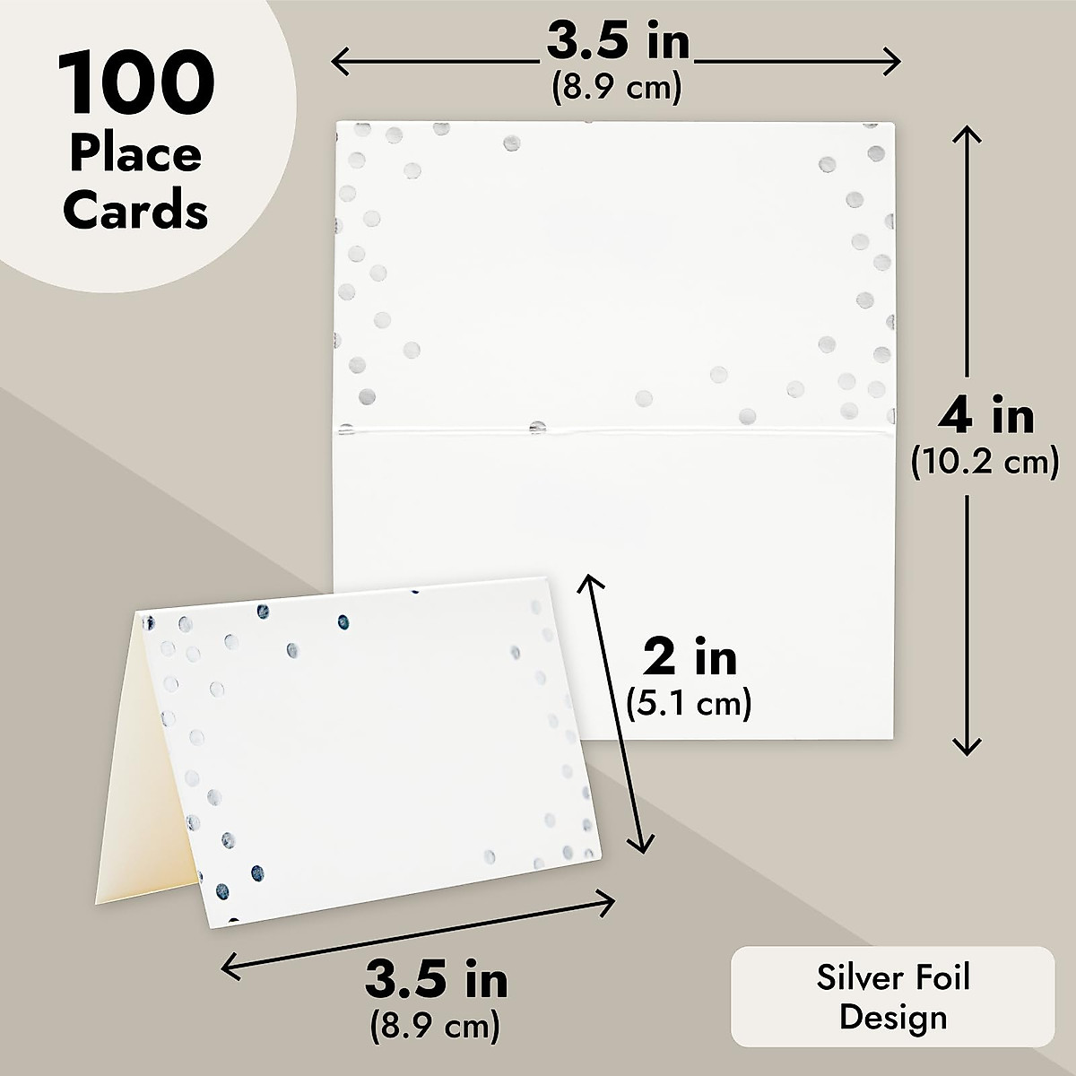 100 Pack Wedding Place Cards for Table Setting, Blank Table Name Cards, Silver Foil Polka Dot Place Cards for Birthday, Banquet, Events, Reserved Seating