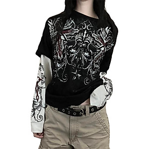 Axupico Womens Fake Two-Piece Gothic Shirts Long Sleeve E-Girls Aesthetic Grunge Tops Vintage Graphic Fall Clothes (1-Black, L)
