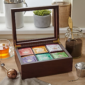 Tea Box - Luxury Wooden Tea Bag Organizer from The Apace Premier Collection - 6 Compartment Tea Storage Chest Container - Elegantly Handmade w/Scratch Resistant Window