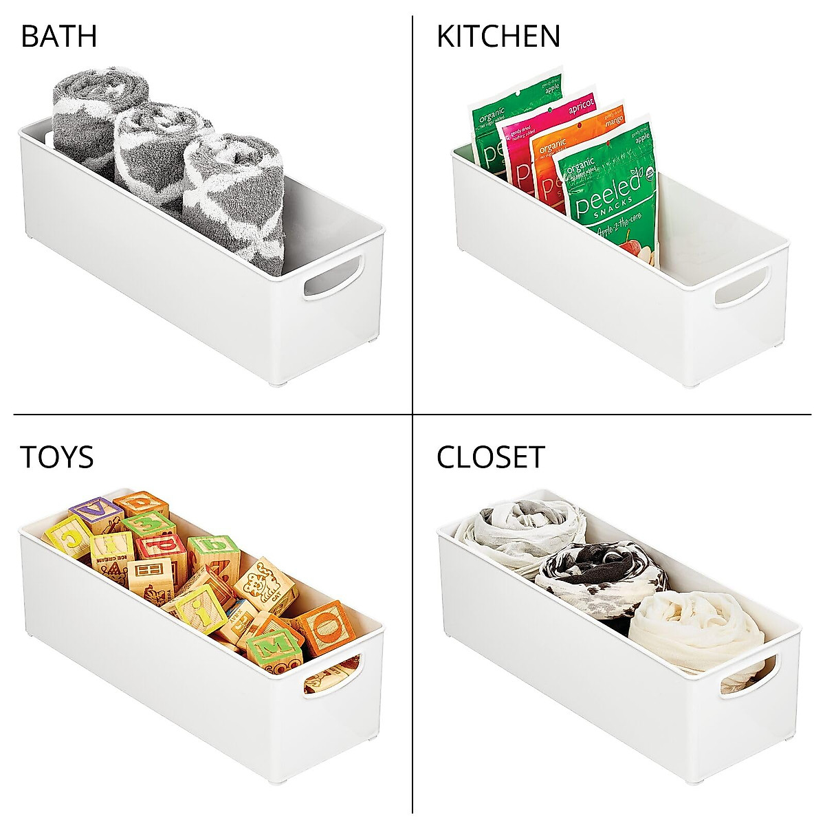 mDesign Plastic Stackable Kitchen Organizer - Storage Bin with Handles for Refrigerator, Freezer, Cabinet, and Pantry Shelves Organization - Food Container - Ligne Collection - 4 Pack - White