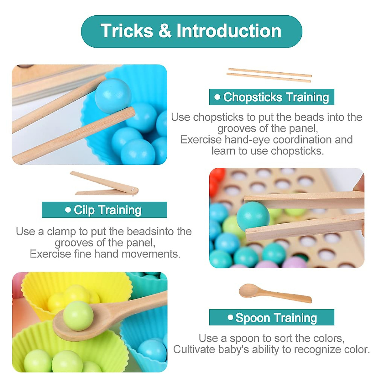 XISTEST Kids Wooden Toy, Children's Toys for 3 Years Old, Montessori Board, Fine Motor Early Education Color Recognition Chopsticks Clip Beads Hands Brain Training