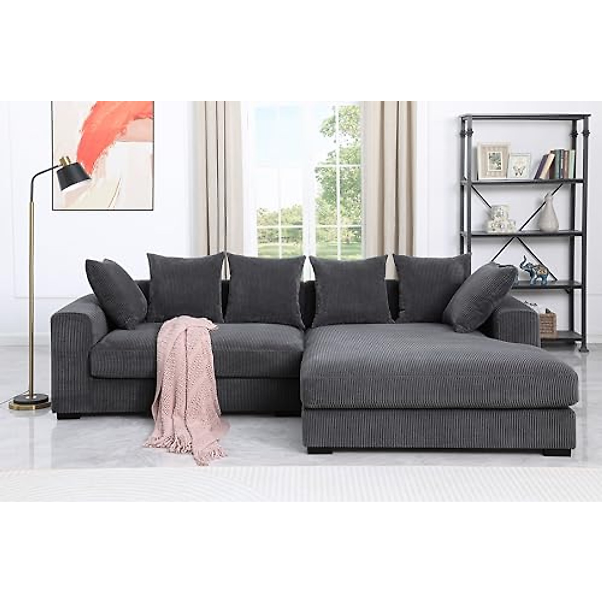 Eafurn Luxe Upholstered Right Facing Chaise Lounge Sectional Sofa in Soft Corduroy Fabric with Removable Cushions, Oversized Sleeper Couch Bed for Relaxing in Living Room or Bedroom