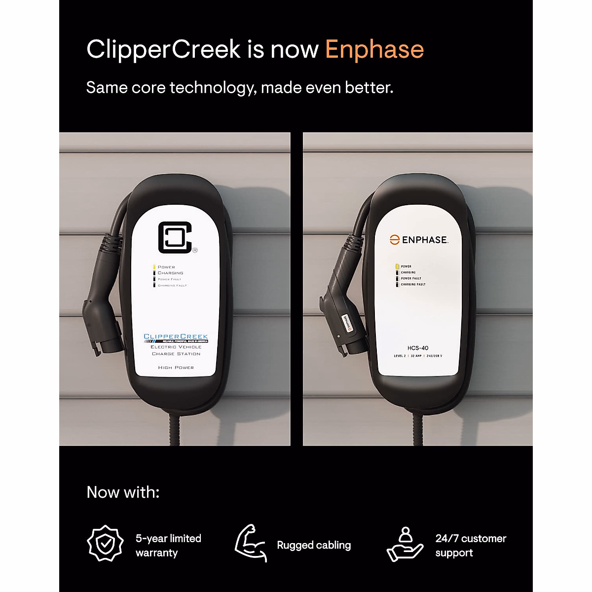 40 Amp Plug-in EV Charger, Enphase HCS-50, NEMA 14-50 Plug, Level 2, 240V, 9.6kW, 5-Year Warranty, 25 ft Cable, J1772 Ruggedized Connector, Formerly ClipperCreek