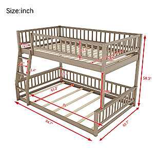 Full XL Over Queen Bunk Bed for Kids/Adults,Queen Size Floor Bunk Beds with Inclined Ladder,Solid Wood Low Bunk Bed,Detachable Bunk Beds for Teens,Girls,Boys(Walnut)