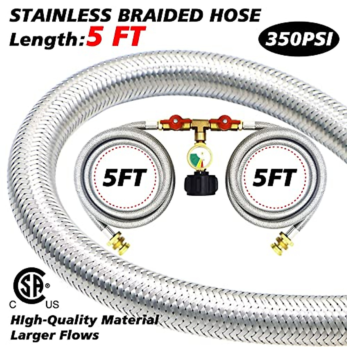Upgraded 5FT Propane 2 Way Splitter Adapter Hose Stainless Braided Propane Y Splitter Hose 1 lb to 20 lb Converter with Shut Off Valve with Gauge Propane Hose Adapter 1lb Appliance to QCC1 5-40lb Tank