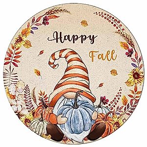 Large Round Area Rug for Living Room Bedroom, 3ft Non-Slip Rugs for Kids Room, Happy Fall Thanksgiving Gnome Pumpkin Floral Wreath Washable Carpet Floor Mat for Home Nursery Room Decor