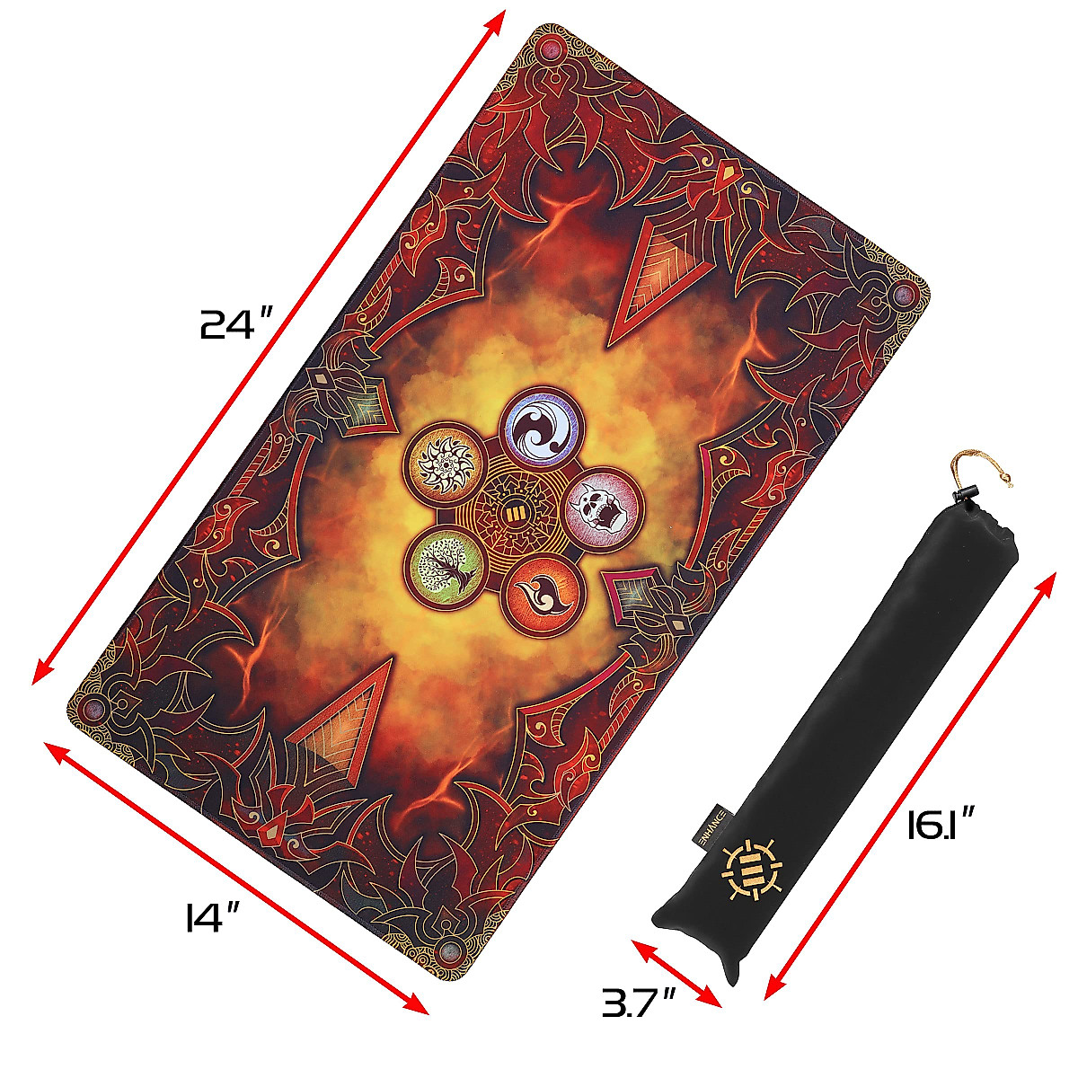 ENHANCE TCG Playmat - Tabletop Card Playmat with Stitched Edges, Smooth Surface, and Drawstring Travel Pouch - Compatible with MTG, YuGiOh, Pokemon, Lord of The Rings, and Other TCG and LCG - Flames