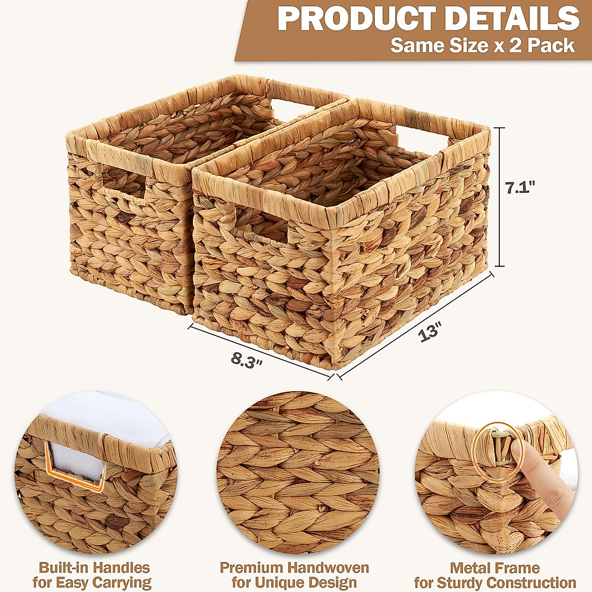 Edergoo Wicker Storage Basket, Water Hyacinth Storage Baskets with Built-in Handles, Large Wicker Baskets for Storage, 2 Pack Wicker Baskets for Organizing, Natural