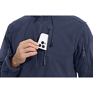 CRYSULLY Fleece Jacket for Men Winter Warm Windproof Coat with 5 Zip Pockets Navy Blue L