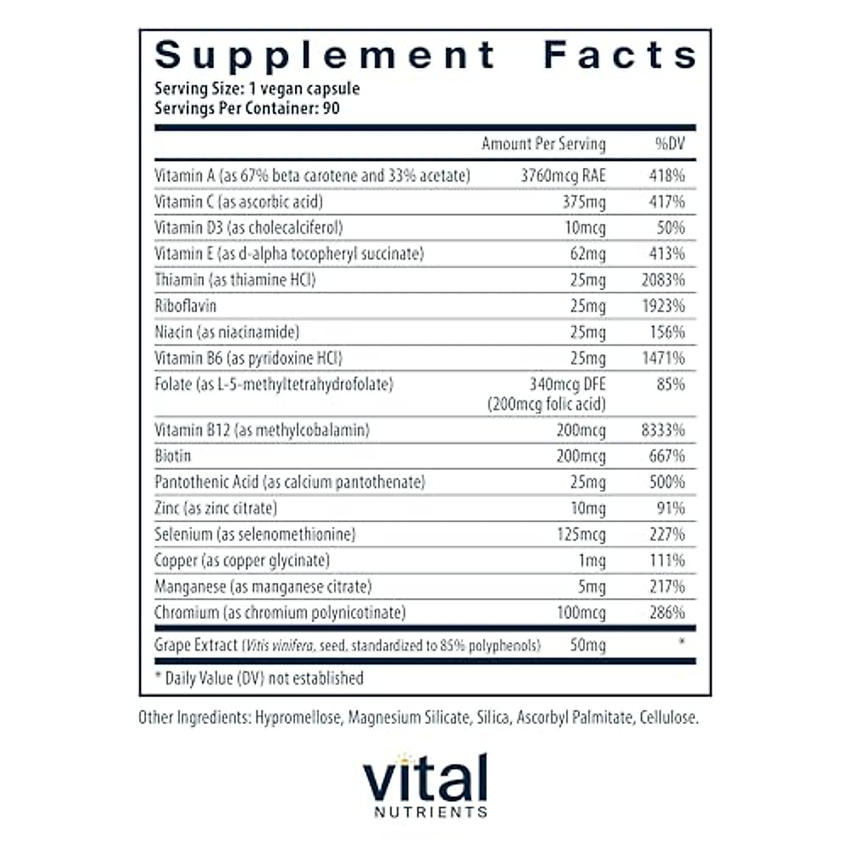 Vital Nutrients Minimal and Essential Multivitamin | Vegan One per Day Multi-vitamin, Mineral and Antioxidant Supplement* | Gluten, Dairy and Soy Free | Non-GMO | 90 Capsules