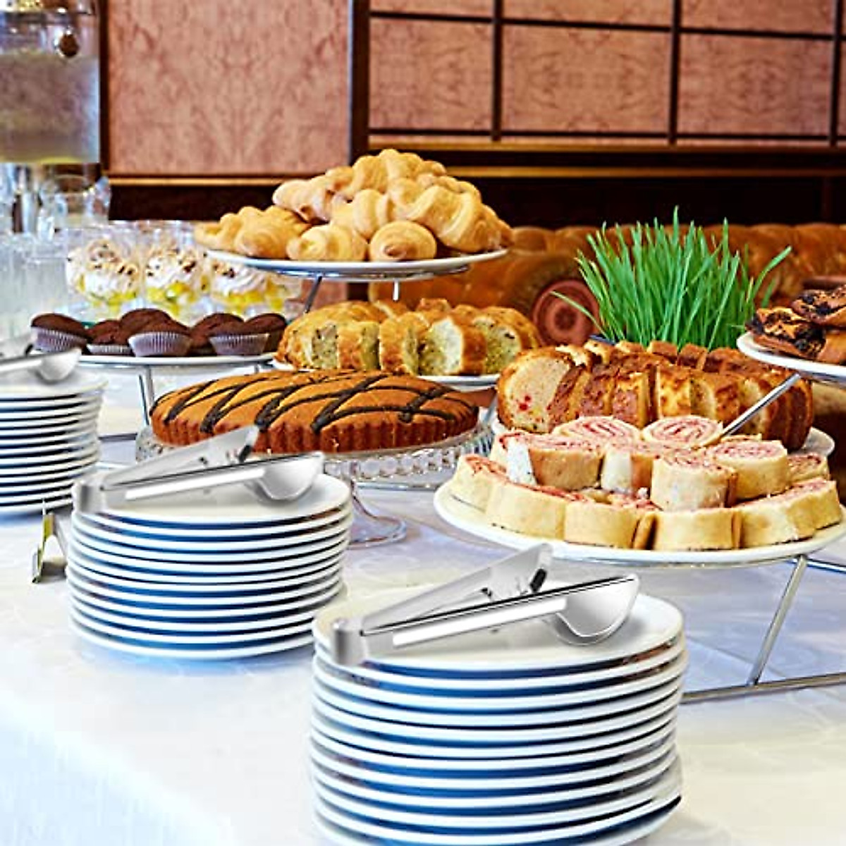 Eisinly Serving Utensils, Set of 6 Large Serving Spoons Forks Tongs Butter Knife and Pie Server, Thickened Stainless Steel Buffet Catering Flatware Serving Set for Party Banquet