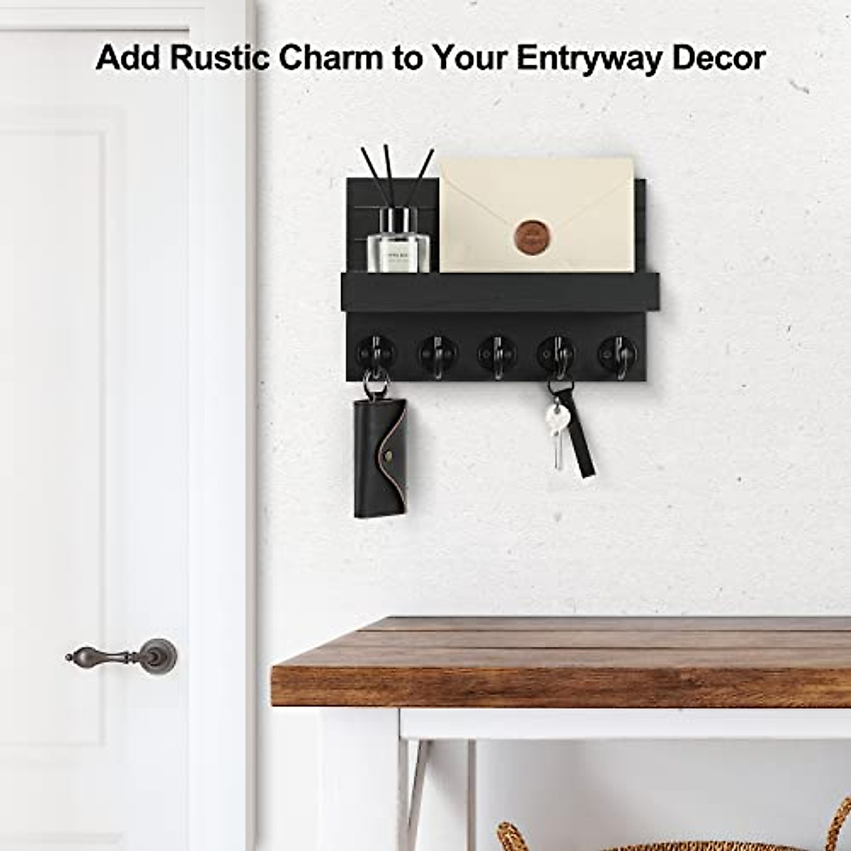 Lwenki Key Holder for Wall, Decorative Key and Mail Holder with Shelf Has Large Key Hooks for Bags, Coats, Umbrella – Paulownia Wood Key Hanger with Mounting Hardware (9.8”W x 6.7”H x 4.2”D)