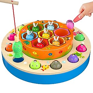 SmileBank Toddler Montessori Toys for 3+ Year Old, Fine Motor Skills Wooden Learning Educational Toys Gifts for Age 3-5 Boys Girls Wooden Fishing Game & Clamp Bee to Hive Color Sorting
