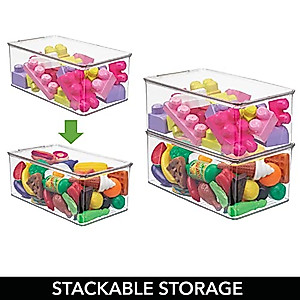 mDesign Plastic Stackable Toy Storage Bin Container Box with Hinge Lid for Organizing Living Room, Play Room, Bedroom, Nursery, Hold Blocks, Puzzles, Books, Lumiere Collection, 2 Pack - Clear