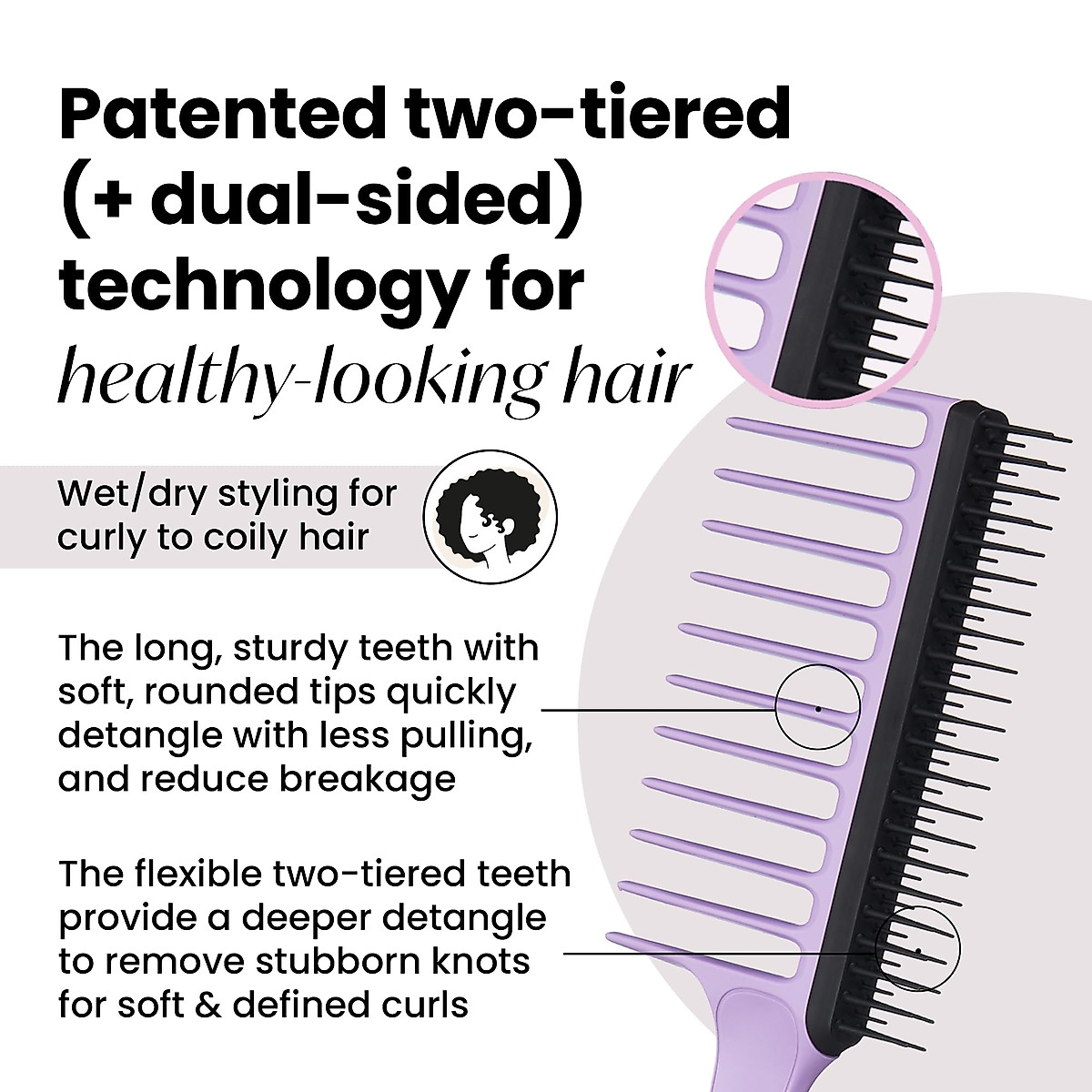 Tangle Teezer The Wide Tooth Comb for Curly Hair, Double-Sided Detangling Comb for All Hair Types, Wet and Dry Detangling, Lilac