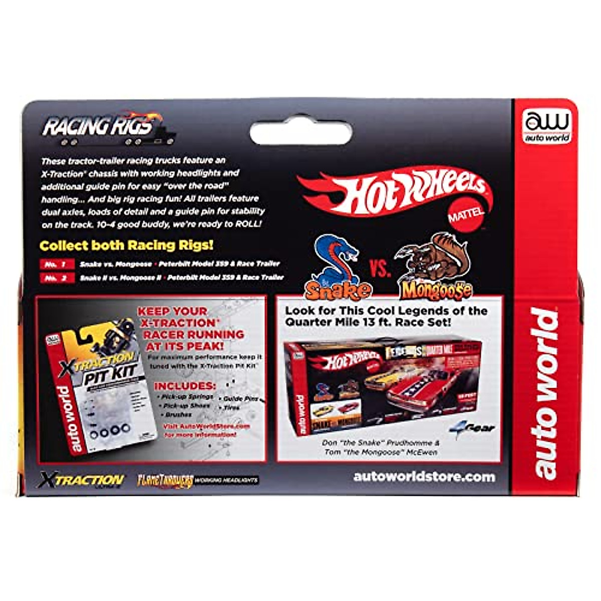 Auto World Xtraction Racing Rig Peterbilt 359 w/Trailer Snake II vs. Mongoose II (Flamethrower) HO Scale Slot Car