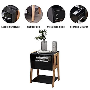 UYIHOME Nightstand Set of 2 with Drawers and Open Shelves, Modern High Gloss Bedside Table with Storage & Trapezoid Rubberwood Leg Frame, Sofa Side End Accent Table for Bedroom, Black