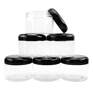 Cornucopia 12 Ounce Clear Plastic Jars w/Black Plastic Lids (6 pack); BPA Free PET Stackable Canisters for Bathroom & Kitchen Storage