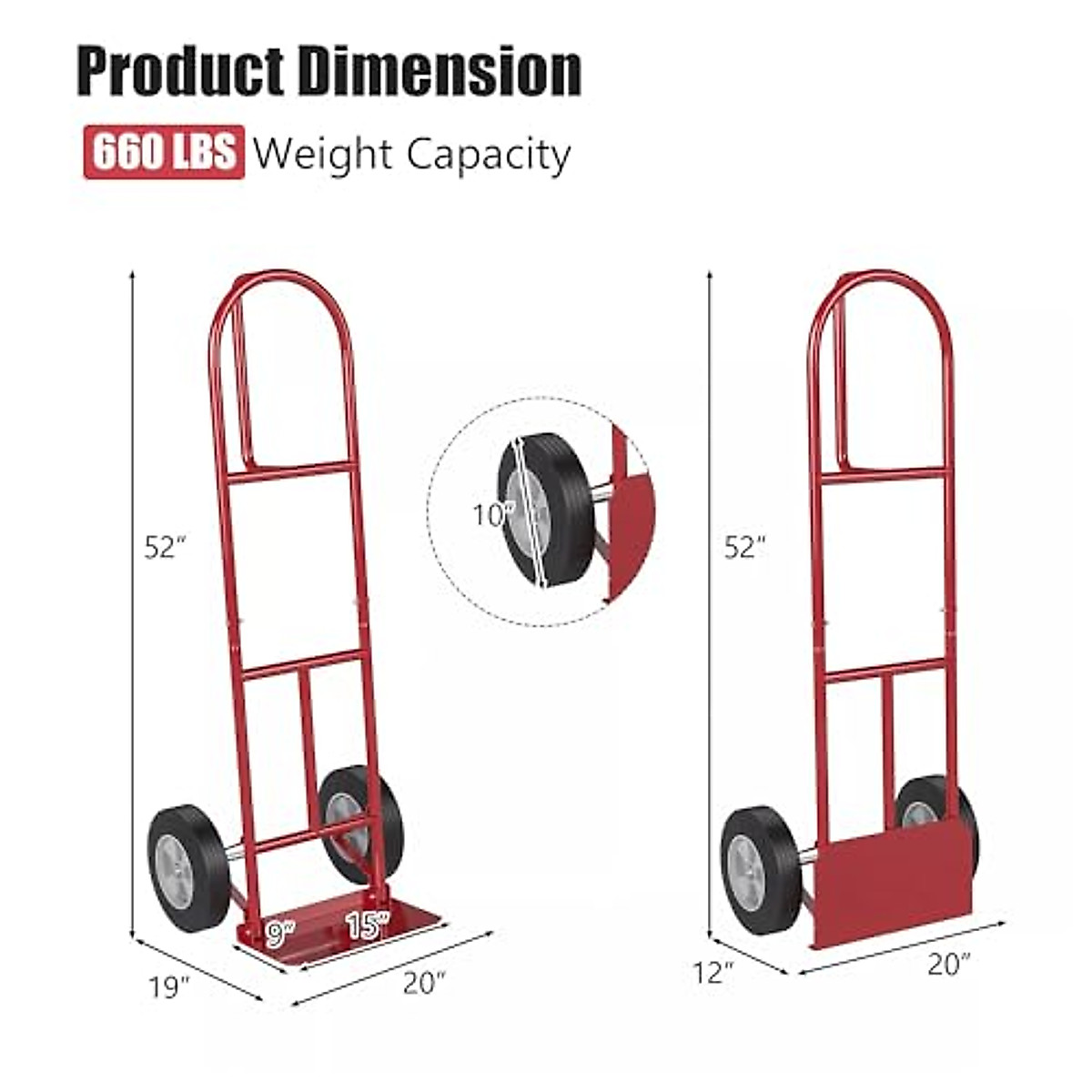 Saranya 18 Shop New Red Cart Hand Truck 660 Lbs Capacity Trolley Heavy Duty Steel with Nose Plate 2 Wheels Industrial Moving Transport Platform Workshops Supermarket 20" L x 19" W x 52" H