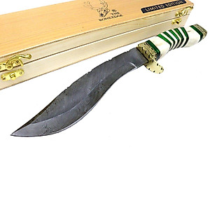 TheBoneEdge 13" Damascus Blade Hunting Knife White & Green Handle Leather Sheath