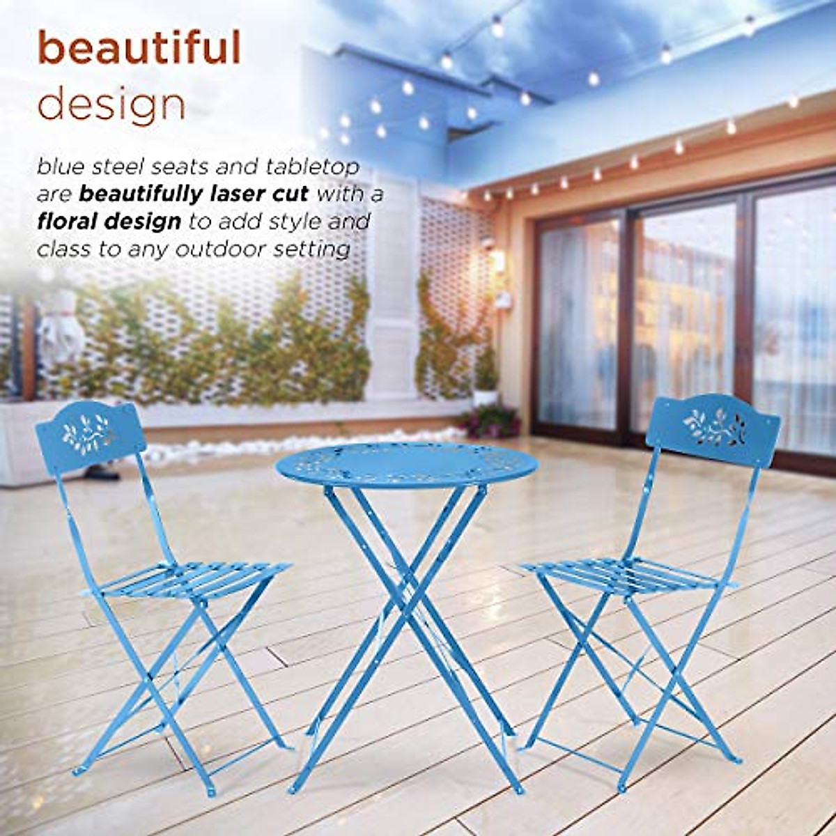 Alpine Corporation Bistro Set, Table: 24" L x 24" W x 28" H Chair: 17" L 18" W x 33" H, Blue