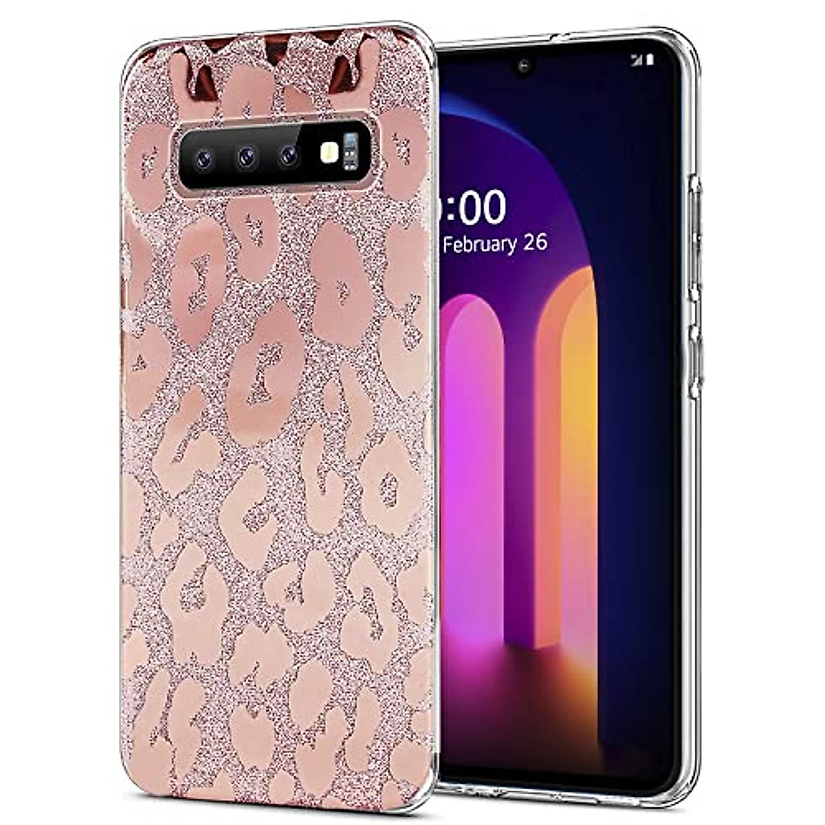 J.west Compatible with LG V60 ThinQ Case 5g, Luxury Saprkle Bling Glitter Leopard Print Design Soft Metallic Slim Protective Phone Cases for Women Girls Clear TPU Bumper Silicone Cover Case Rose Gold