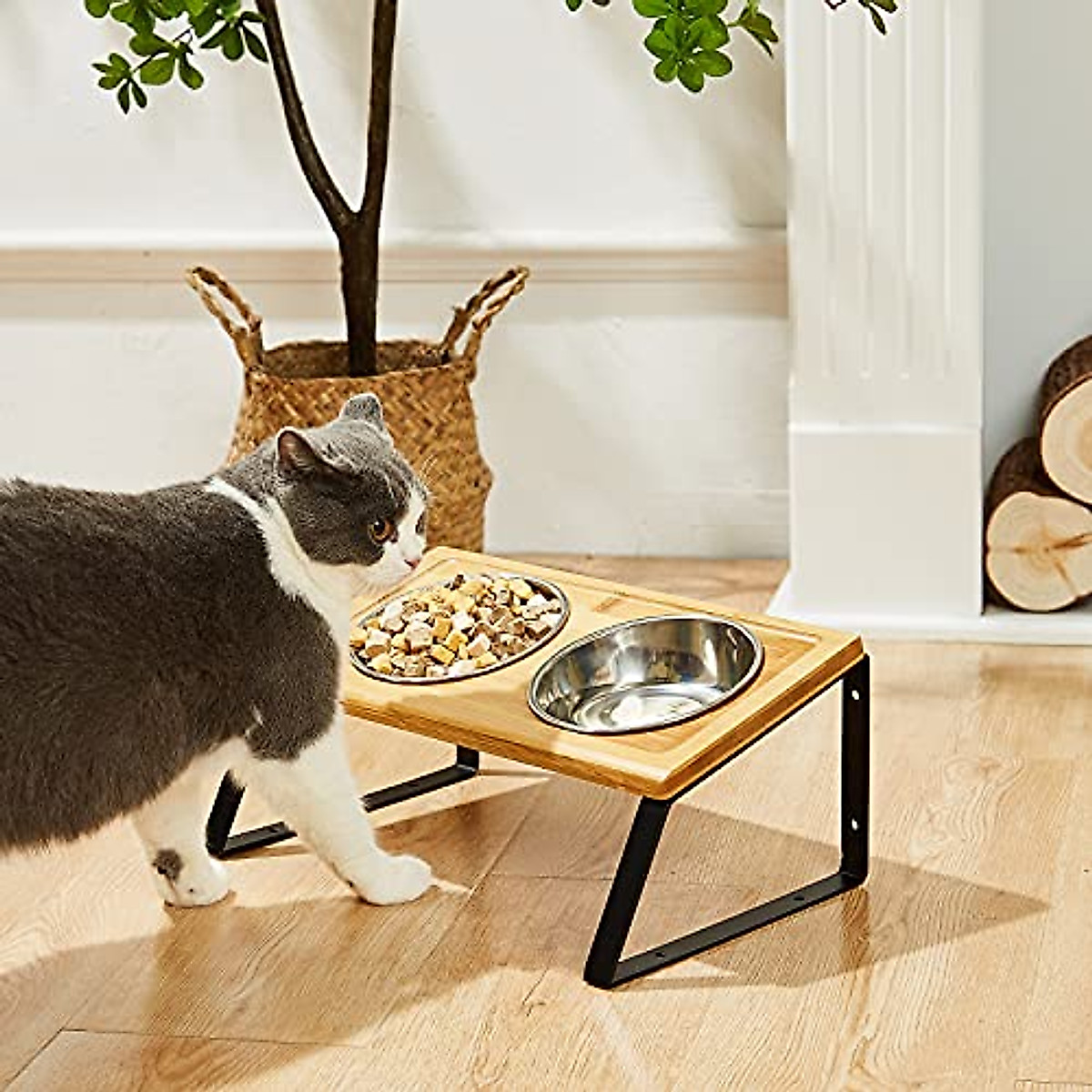 Elevated cat Bowls, Cat Bowls, 15° Tilted Raised Food Feeding Dishes,Customized Height Wall Mounted Elevated Pet Feeder, Bamboo Elevated Pet Feed Bowl Food for Cats and Puppy