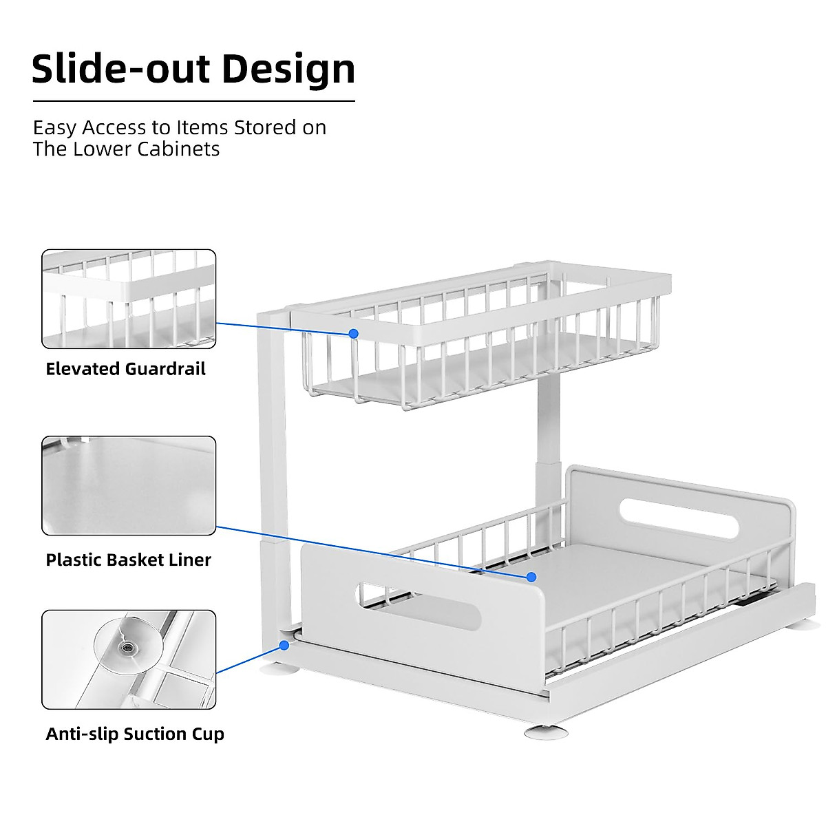 Lxmons 2-Tier Under Sink Slide Out Organizer, Pull Out Cabinet Storage Shelf with Sliding Storage Wire Basket Drawer for Bathroom Kitchen, Countertop or Pantry Storage shelf, White