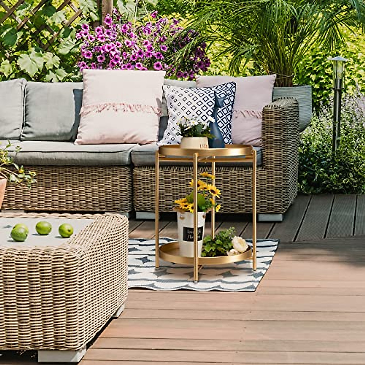 TeoKJ 2 Tier Gold Side Table, Folding Round Metal End Table Small Nightstand Accent Table with Two Removable Tray for Bedroom Living Room Small Spaces Bedside Gold