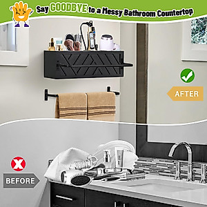 Hair Tool Organizer Wall Mount, Hair Dryer Holder with 2 Towel Bars, Wood Hot Tools Organizer, Rustic Bathroom Organizer Blow Dryer Holder For Bathroom Decor, Flat Iron, Curling Wand, Brushes(Black)