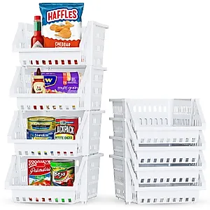 Skywin Plastic Stackable Storage Bins for Pantry - 4-Pack Small Open Front Storage Bins For Toy Organizers and Storage Bins For Pantry, Kitchen, and Bathroom Essentials (White)