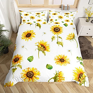 Feelyou Sunflower Bedding Set Watercolor Floral Print Kids Comforter Cover Set for Boys Girls Botanical Duvet Cover Breathable Yellow Flowers Pattern Bedspread Cover Room Decor Quilt Cover King Size