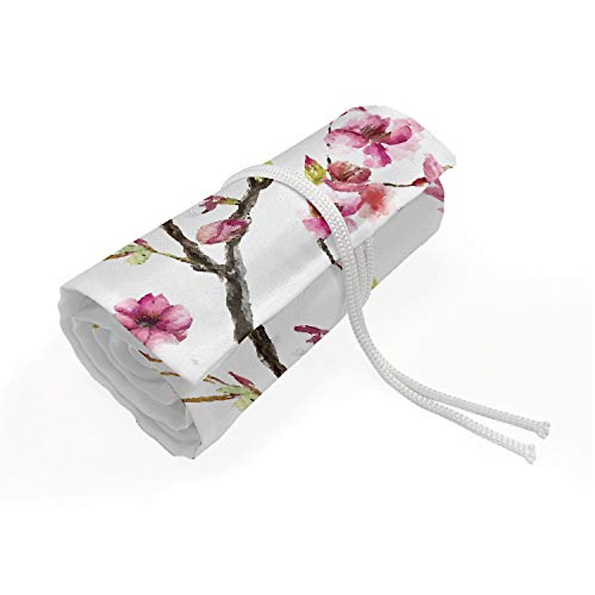 Ambesonne Cherry Blossom Roll Up Pencil Holder, Watercolor Style Oriental Pattern with Sakura Branch, Painting Drawing Pencils Case for Artists Students, 72 Loops, Hot Pink Green Brown