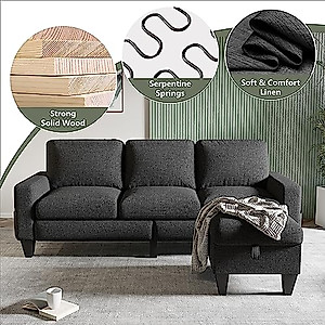 Lonkwa Convertible Sectional Sofa L-Shaped Couch, Dark Gray Couches for Living Room with Reversible Chaise, 3-Seat Modern Linen Sectional Couch for Living Room/Apartment/Office/Small Space