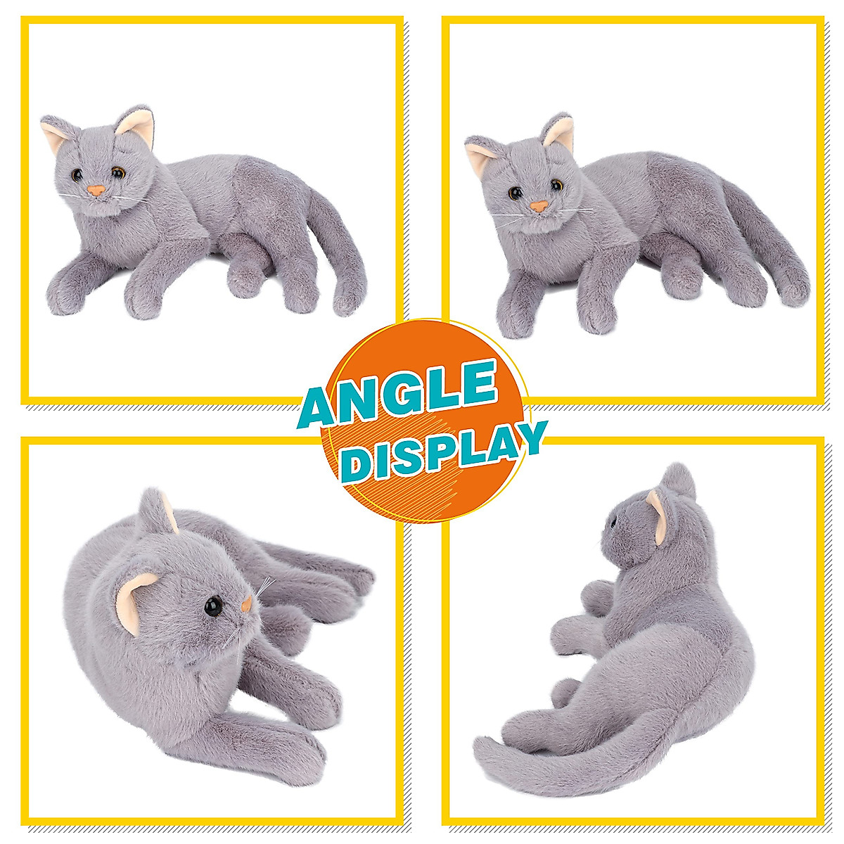 Easfan Realistic Cat Stuffed Animal Lifelike Lying Kitten Plush Toy Grey Cute Kitty Toy Birthday Holiday Kids Boys Girls, 10''