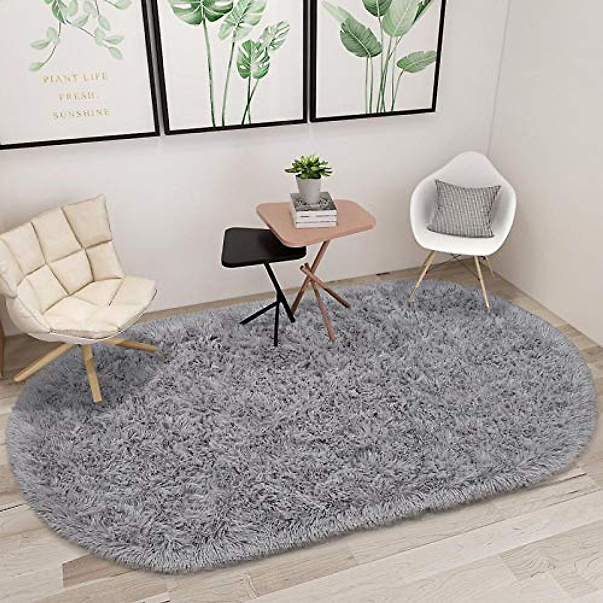 junovo Oval Fluffy Ultra Soft Area Rugs for Bedroom Plush Shaggy Carpet for Kids Room Bedside Nursery Mats, 2.6 x 5.3ft, Grey