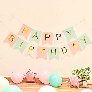 Happy Birthday Banner Girls Party Decorations, Pink&Green&White Girls Birthday Wall Banner, Mint & Pink Banner Garland for Girl Women Birthday Party Decorations Supplies