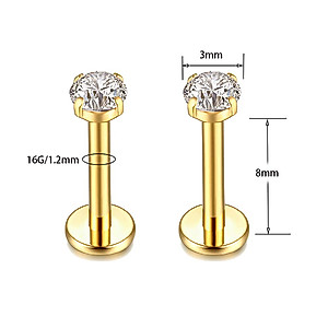 KaseStyle G23 Titanium Labret Studs 16G Lip Studs Earring Piercing Internally Threaded CZ Top Labret Monroe Helix Cartilage Tragus Piercing Studs-8mm 2 pairs gold triple&round CZ