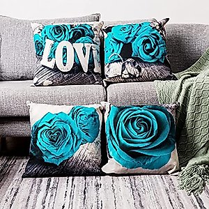 Teal Green Throw Pillow Covers 18x18 Set of 4, Turquoise Rose Flower Couch Pillow Cover Outdoor Patio Furniture Home Decor， Linen Cotton Square Grey Dark Blue Pillowcases Living Room Sofa Decorative