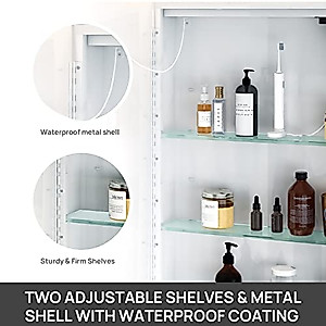 LALAHOO 20" x 28" Medicine Cabinet,LED Bathroom Medicine Cabinet with Outlet, Metal Wall Mounted Bathroom Cabinet with 3 Tier Storage Shelves, 3 Color Temperature Light