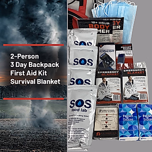 72 Hour Emergency Kit - 2-Person, 3 Day Backpack, First Aid Kit, Survival Blanket, Emergency Food, Emergency Water Portable Disaster Preparedness Go-Bag for Earthquake, Fire, Flood