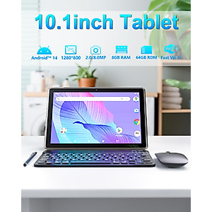 ATOZEE Tablet 10 Inch Android 14 Tablet with Keyboard Tablets Include Case Mouse Stylus 8GB RAM 64GB ROM 1TB Expandable Tablet 2MP+8MP Dual Camera 6000mAh Battery 5G WiFi-6 Bluetooth 2 in 1 Tablet PC