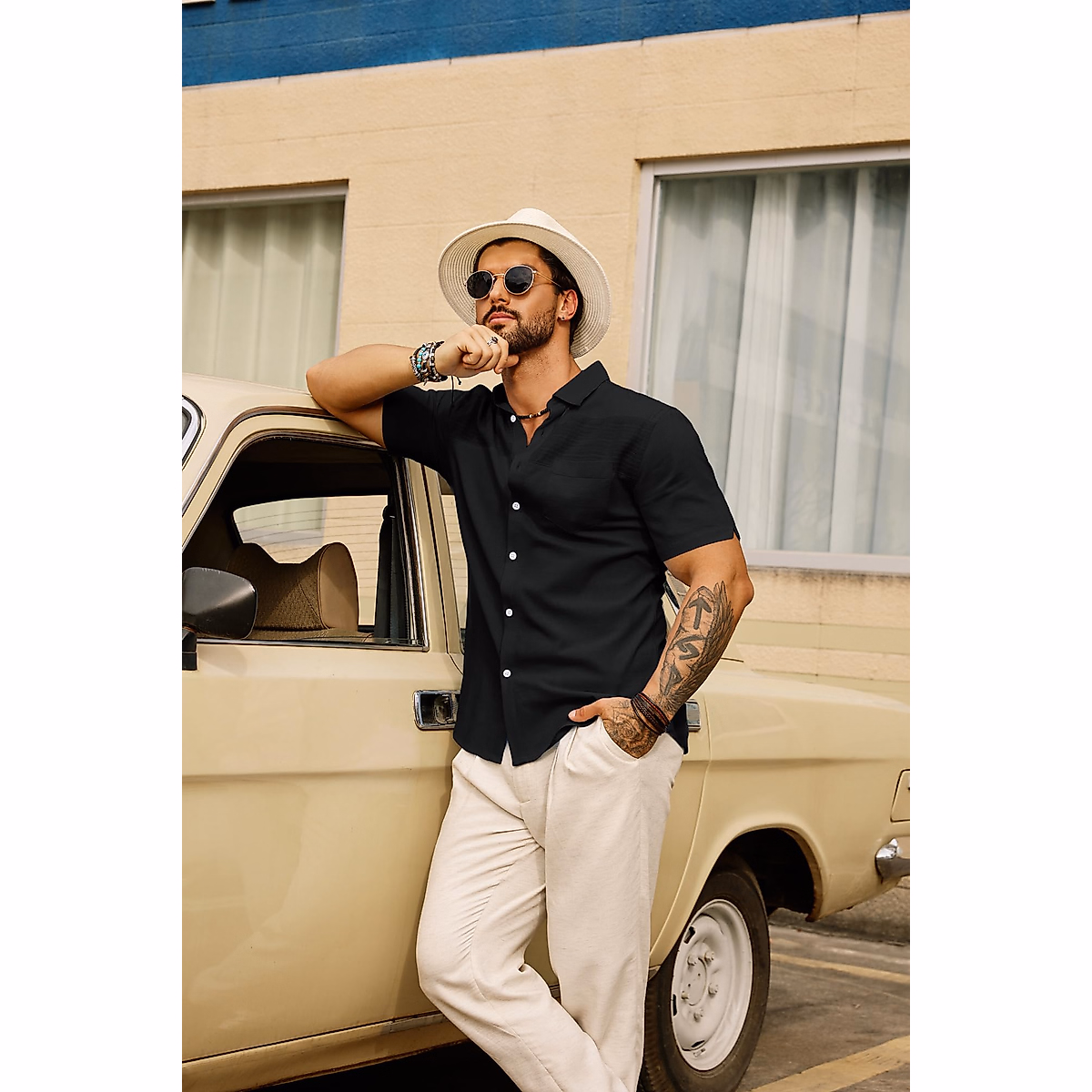 GRACE KARIN Men's Hawaiian Cotton Linen Shirts Casual Button Down Tropical Holiday Beach Shirts Black L