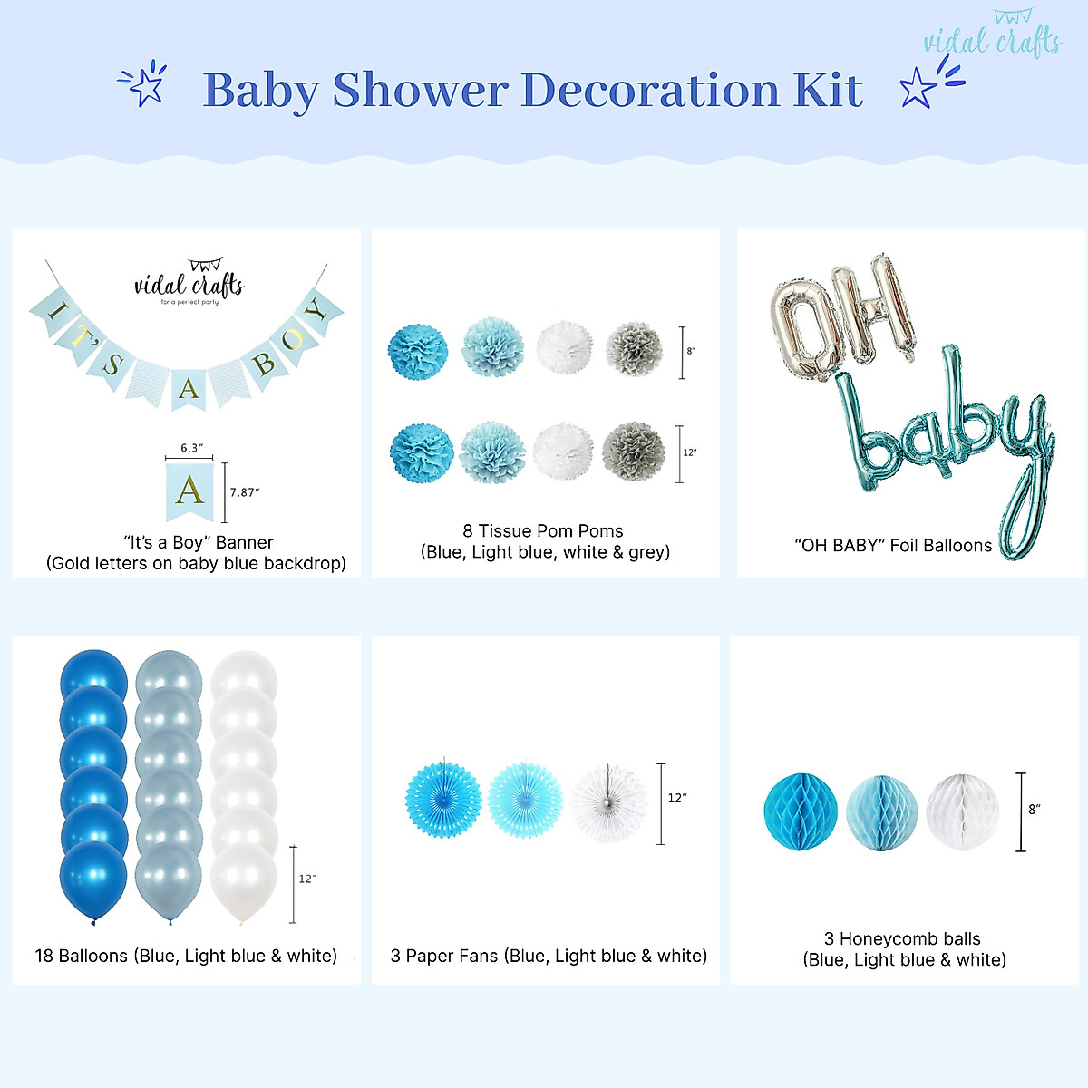 Vidal Crafts Baby Shower Decorations for Boy Complete Kit with Its a Boy Banner, Balloons, Paper Flowers, Honeycomb Balls, Paper Fans, and Oh Boy Foil Ideal Baby Boy Shower Decor and Party Supplies